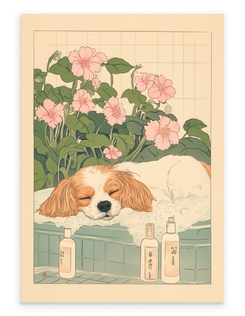 Cavalier King Charles Spaniel in a Bath - Japanese Bathroom Art – Elka ...